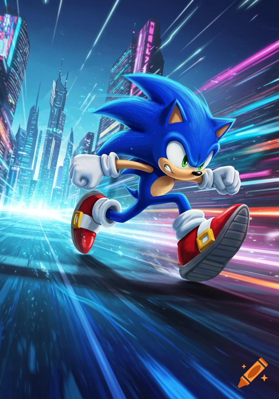 Sonic the Hedgehog, the blue blur, races through a futuristic neon city ...