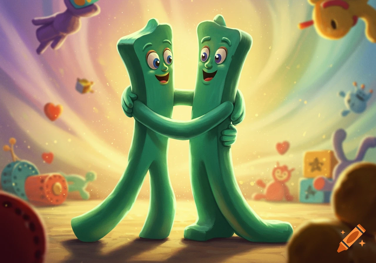 Two green cartoon figures, resembling Gumby, embrace in a whimsical ...