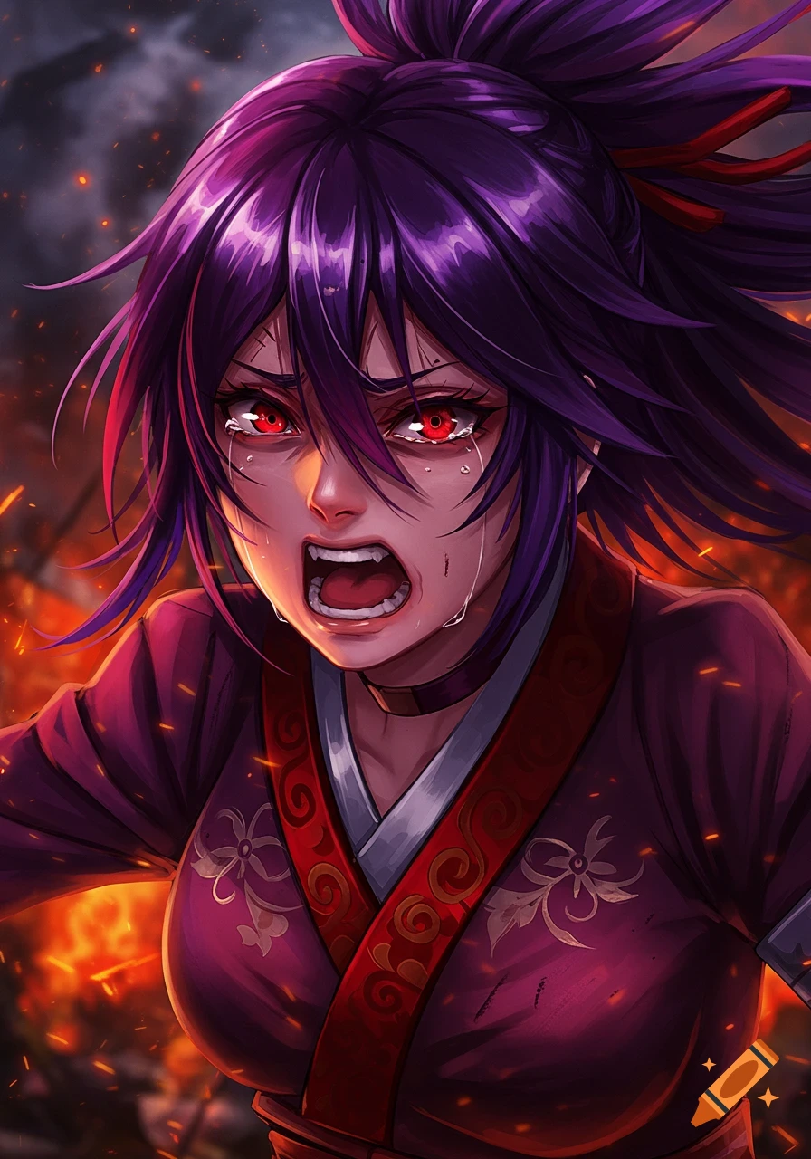Anime girl with purple hair and glowing red eyes, crying and screaming ...