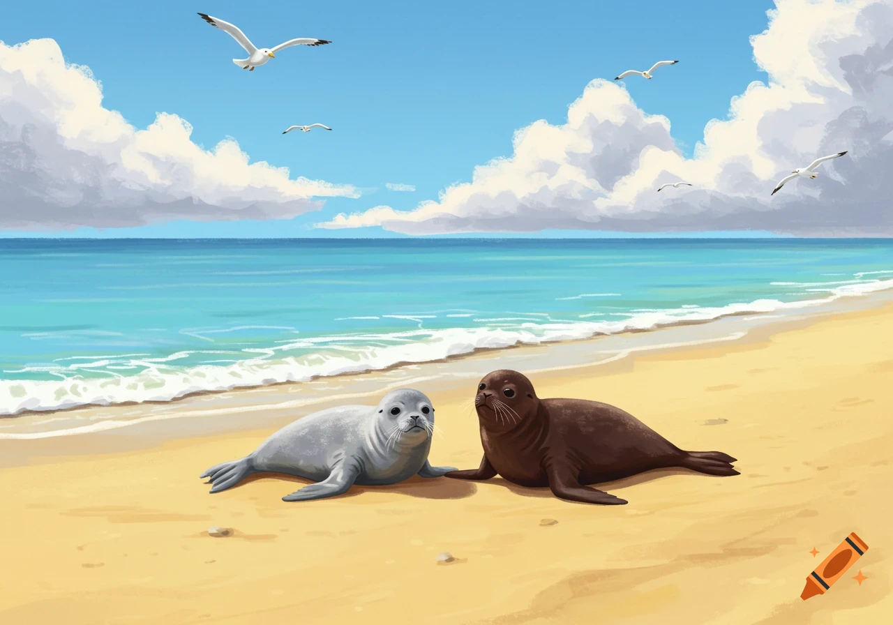 Two cartoon seals, one light gray and one brown, lie on a sandy beach ...