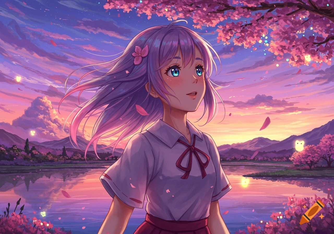 Anime girl with purple hair looking up, standing by a lake under cherry ...