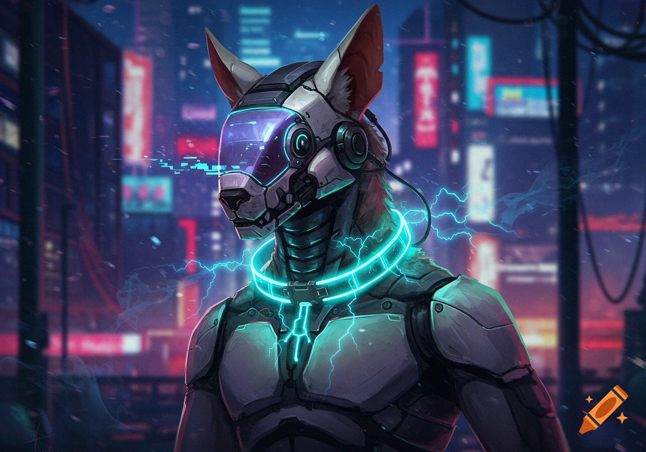 A vibrant, detailed sci-fi artwork of a blue, purple, and green armored ...