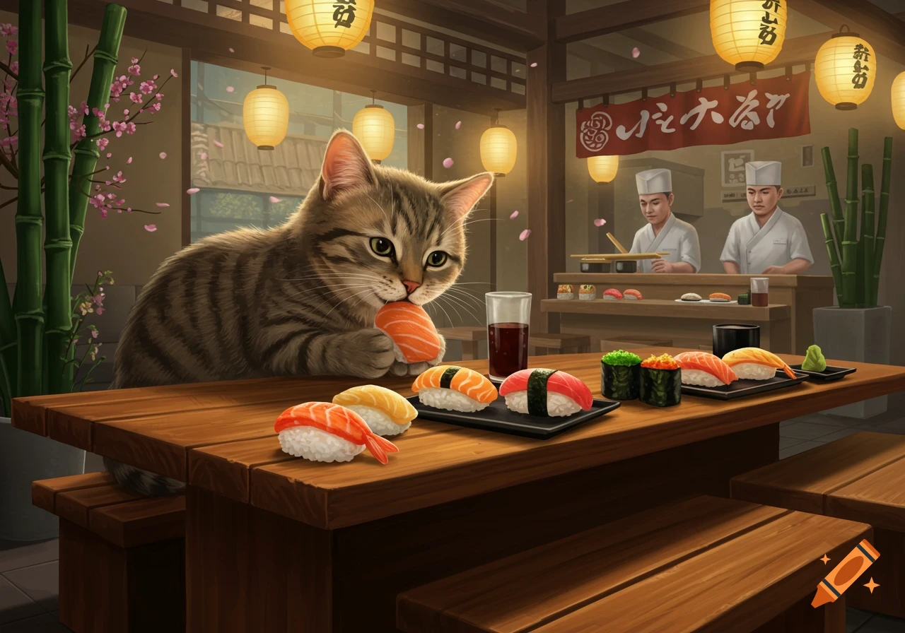 A cute tabby cat sitting at a wooden table, eating a piece of salmon ...