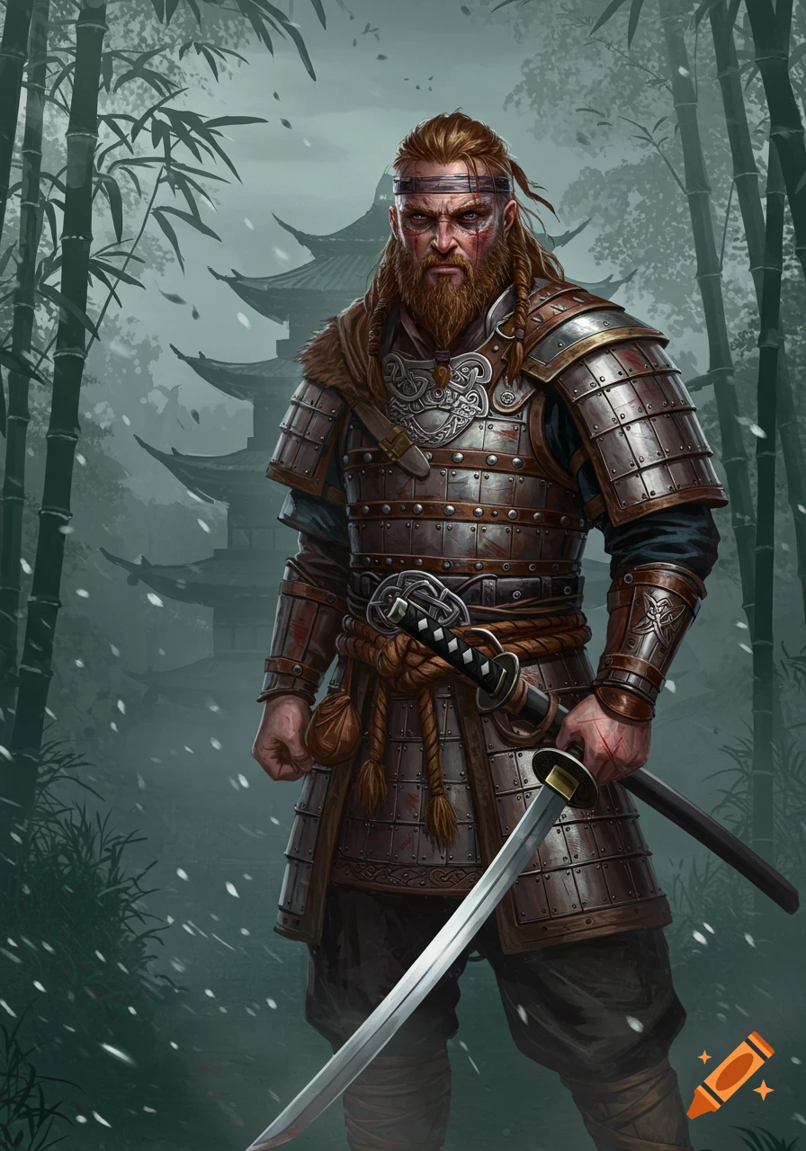 Bearded Viking-Samurai warrior in armor, holding a samurai sword in a ...