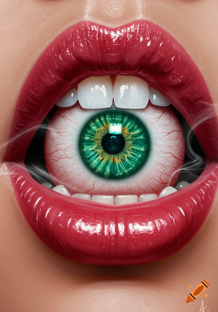 A close-up surreal painting of bright red lips opened wide with a ...