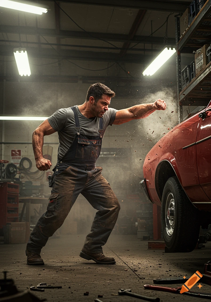 A muscular mechanic in dirty overalls punches the fender of a red car ...
