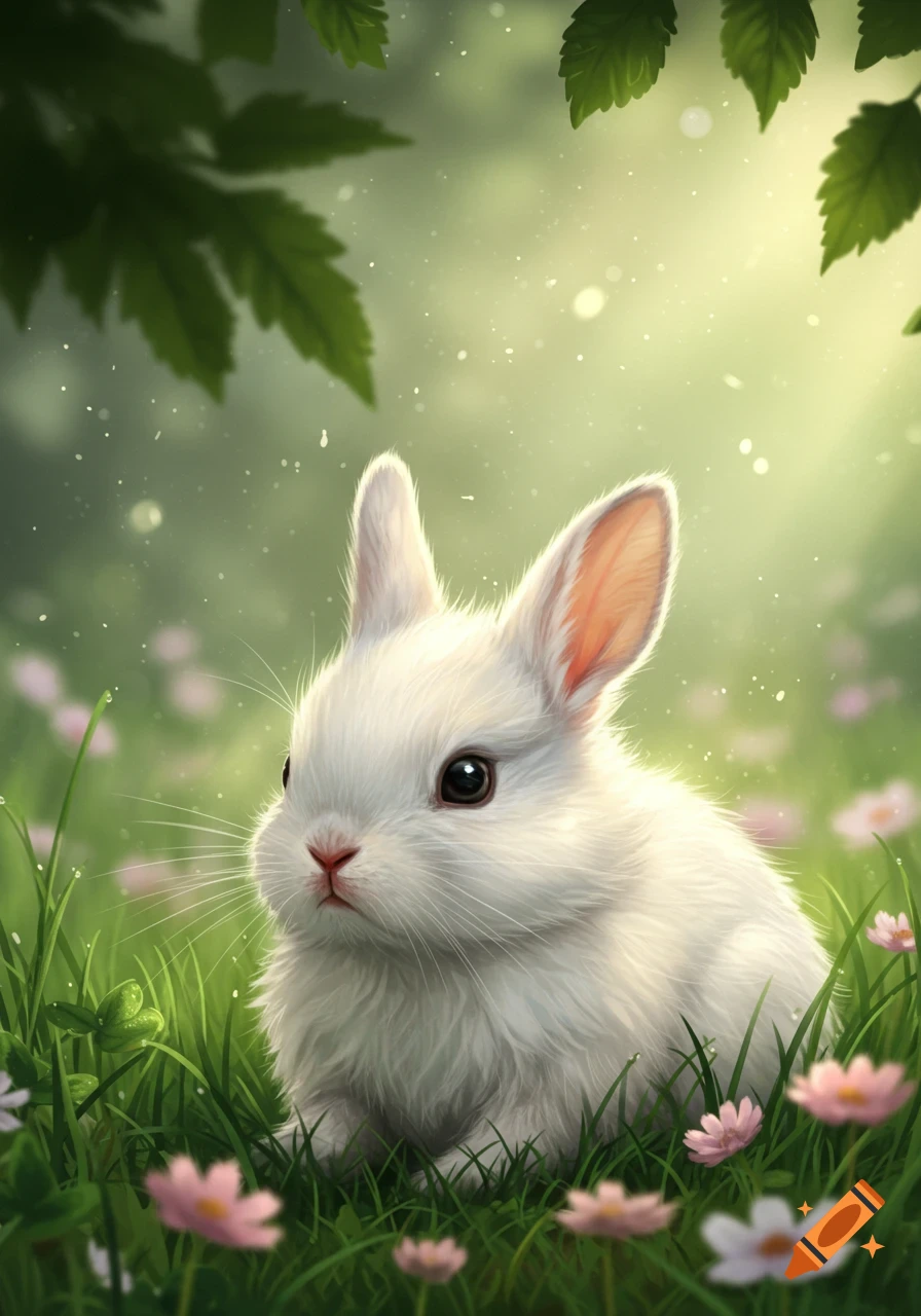 A fluffy white angora rabbit sits in a wooden hutch, eating a green ...