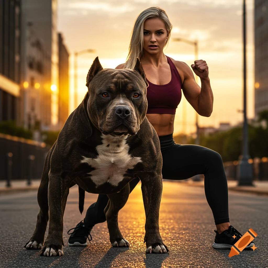 Photorealistic image of a muscular blonde woman in athletic wear and a ...