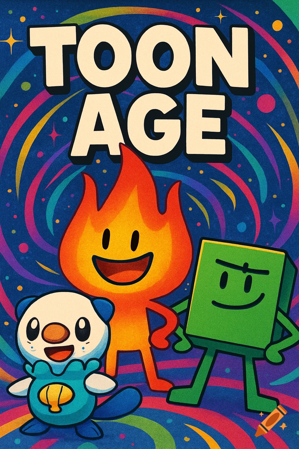 Cartoon poster titled 'TOON AGE' featuring Oshawott, Fiery, and Blocky ...
