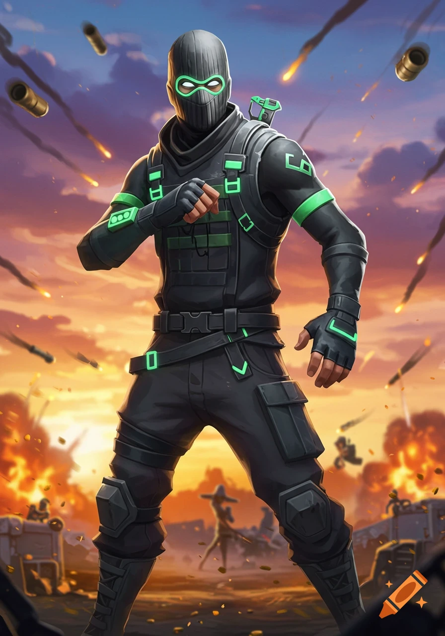 A masked ninja-like character in black and neon green armor stands ...