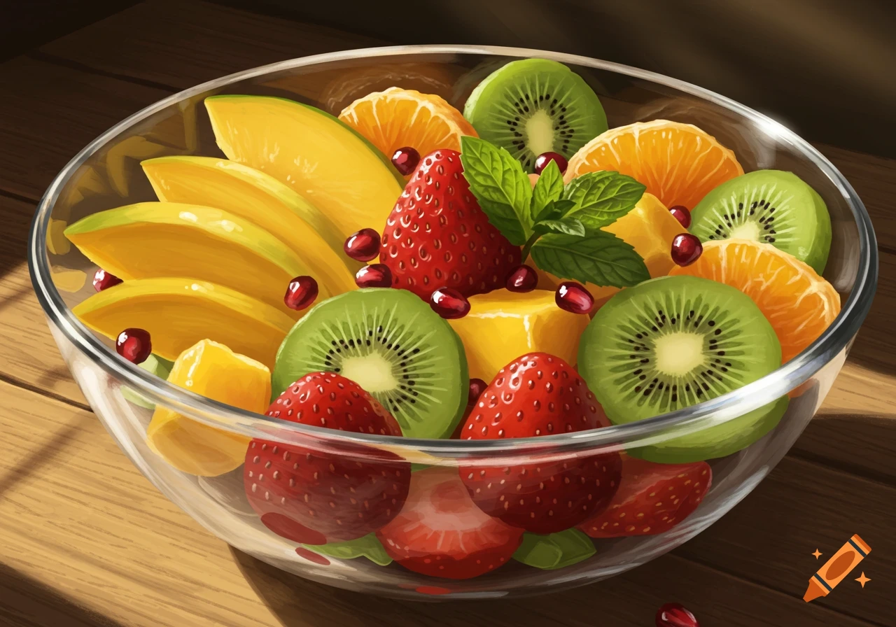 A highly stylized human cell diagram made of fruit. An orange is the ...