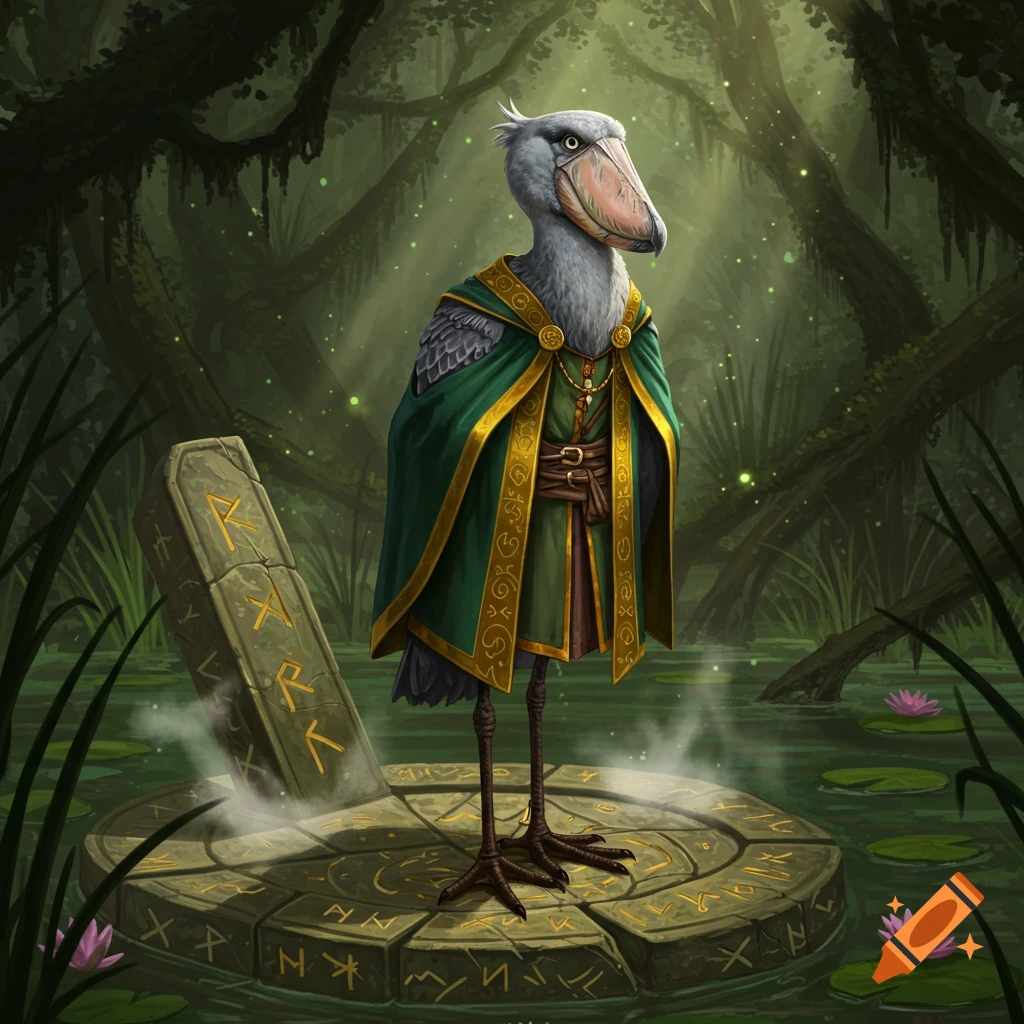 A shoebill stork dressed in a green and gold cleric's robe stands on a ...