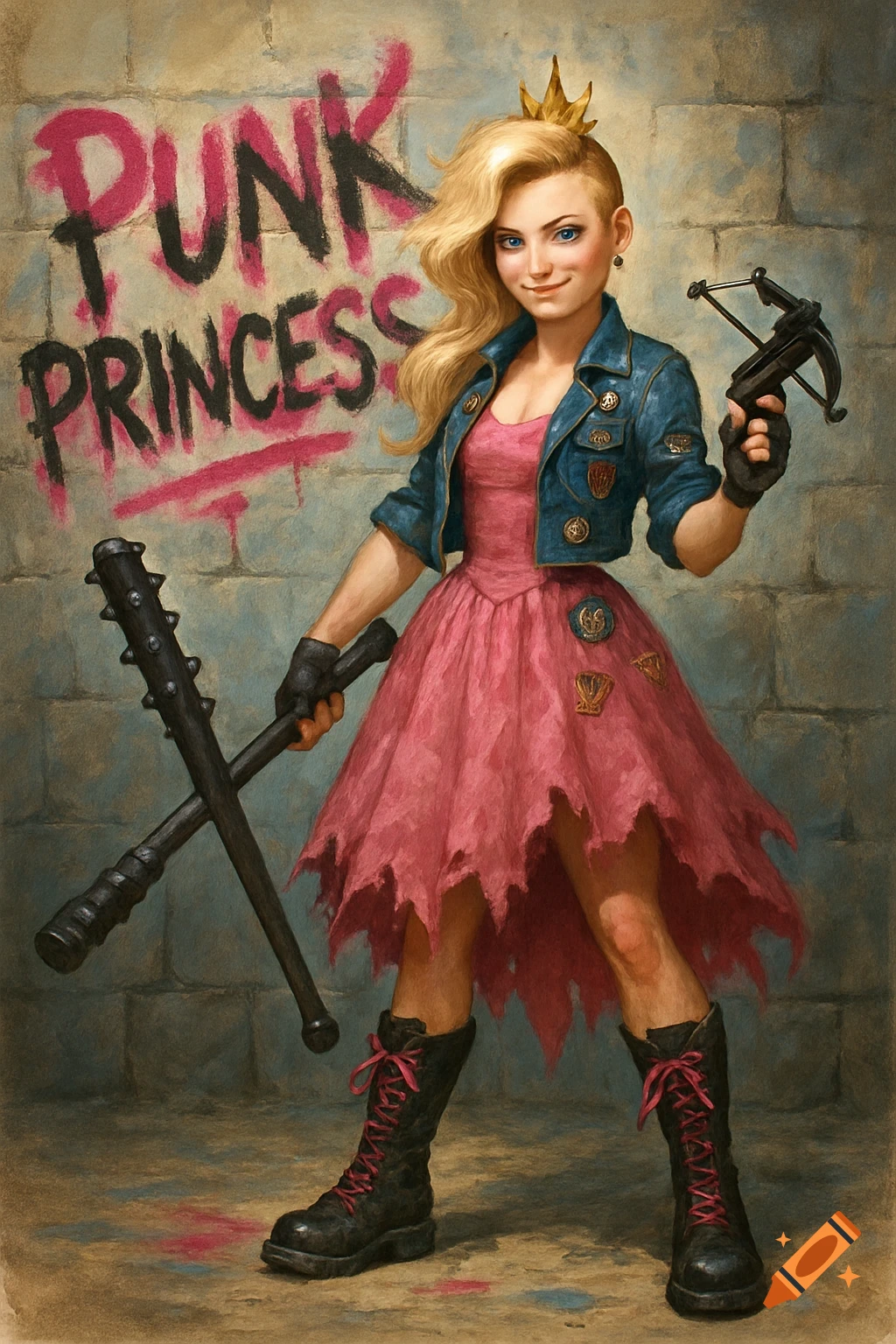 A blonde punk princess in a ripped pink dress, denim jacket, and combat ...