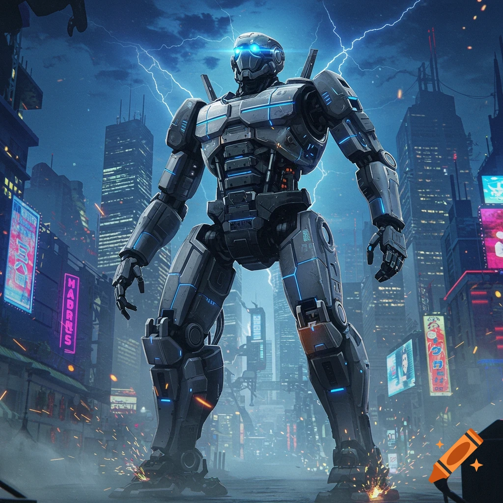 A giant, imposing dark grey robot with glowing blue eyes and accents ...