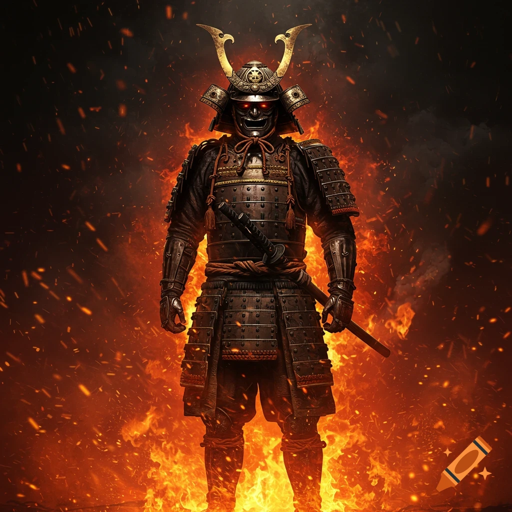An ornately armored samurai warrior with glowing red eyes stands amidst ...