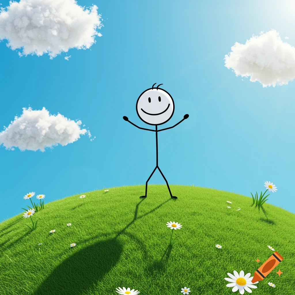 A smiling stick figure stands on a vibrant green hill with white ...