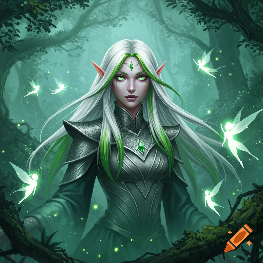 An elegant teal-haired elf sorceress stands in an enchanted forest ...