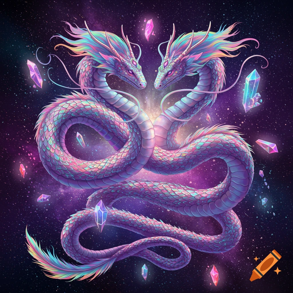 Two vibrant, intertwined psychedelic snake dragons with flowing manes ...