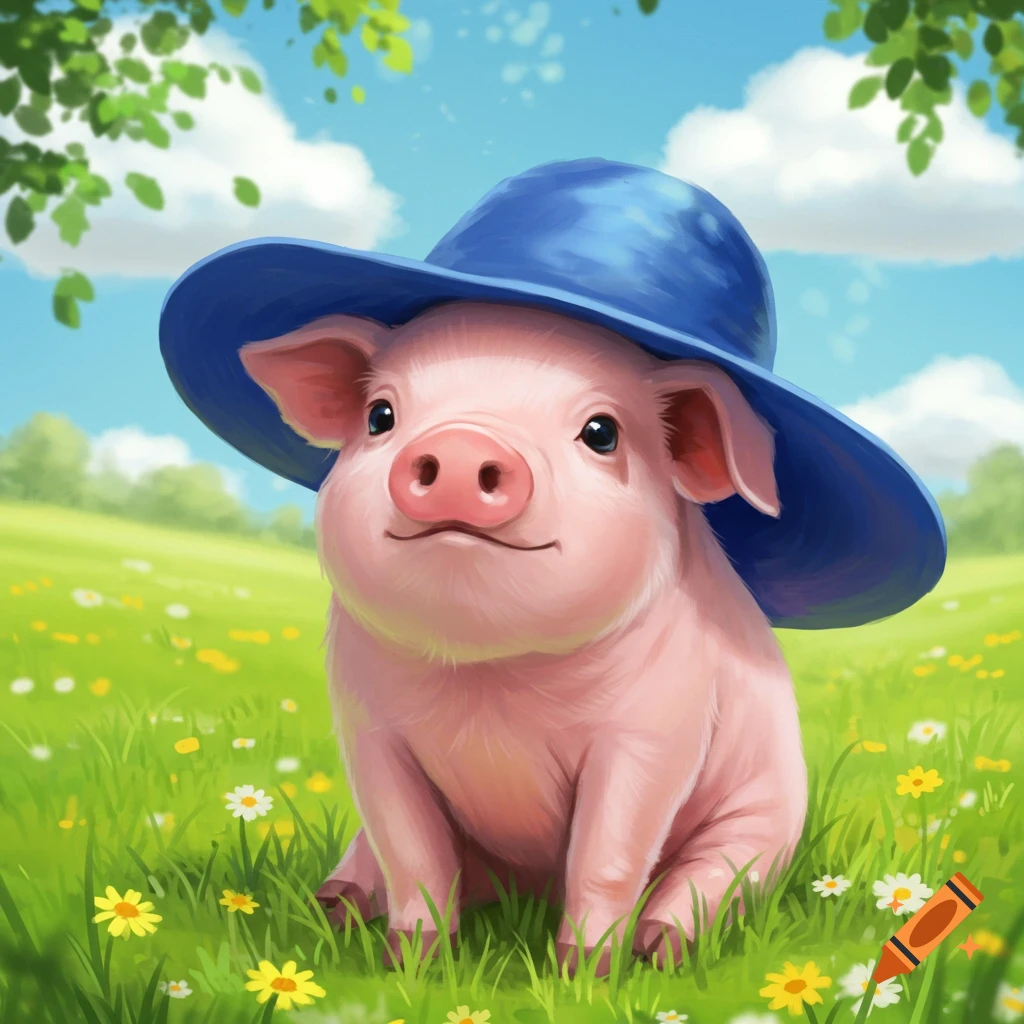 A cute, pink, cartoon pig wearing a black top hat sits with a happy ...