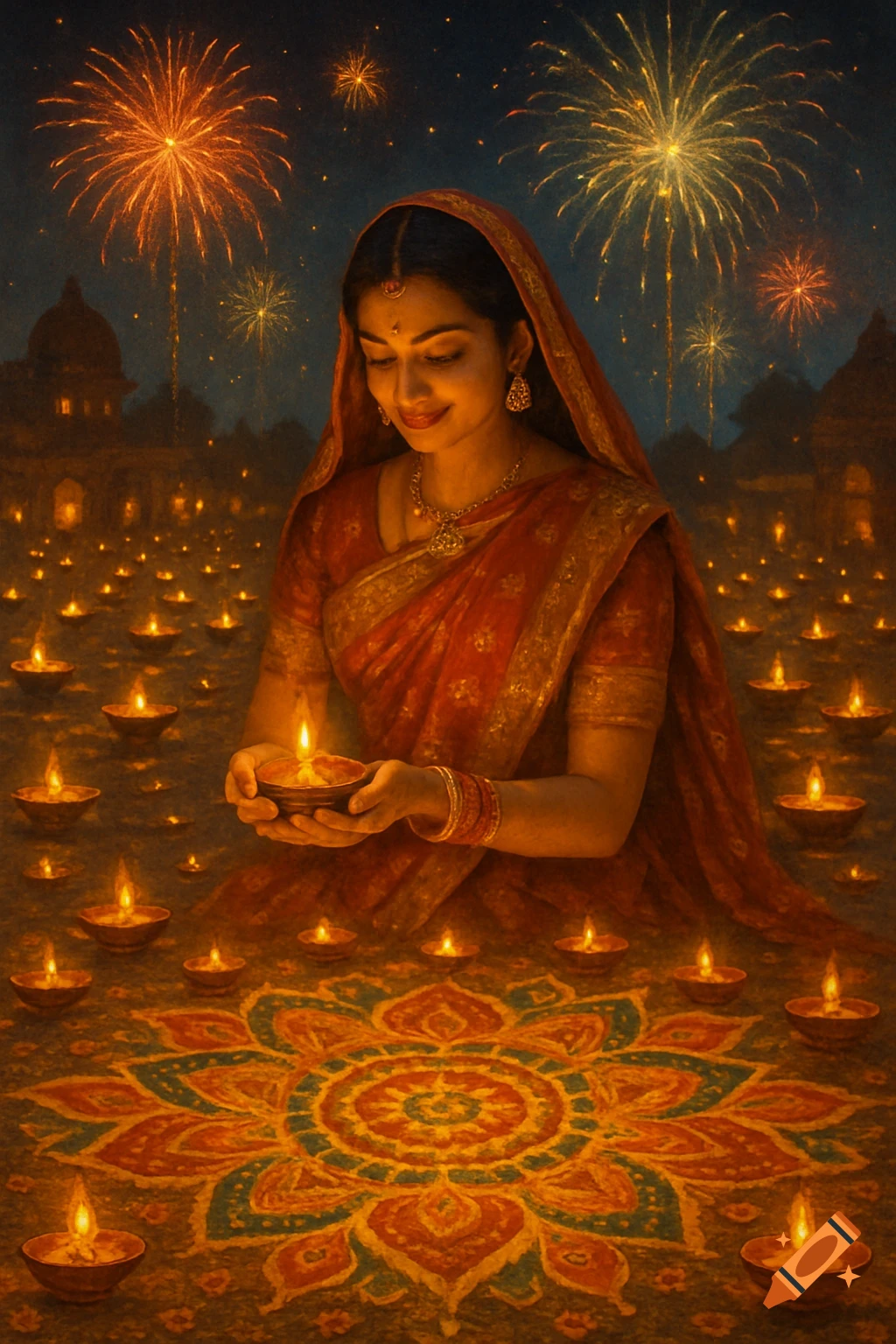 A smiling Indian woman in a red sari holds a lit diya, surrounded by ...