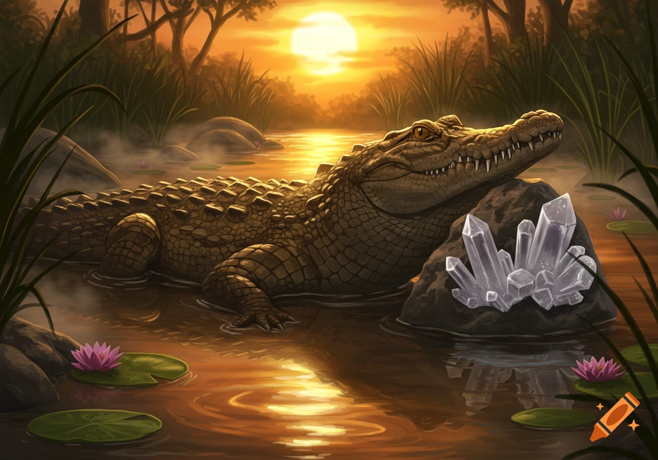 A crocodile rests in shallow, sunlit swamp water beside a cluster of ...