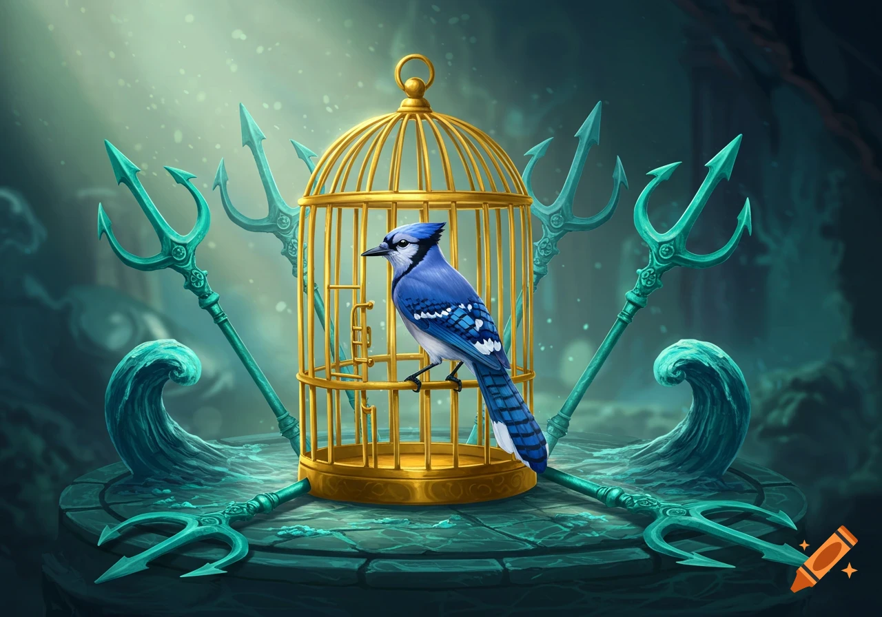 A detailed illustration of a blue jay in a golden birdcage, surrounded ...