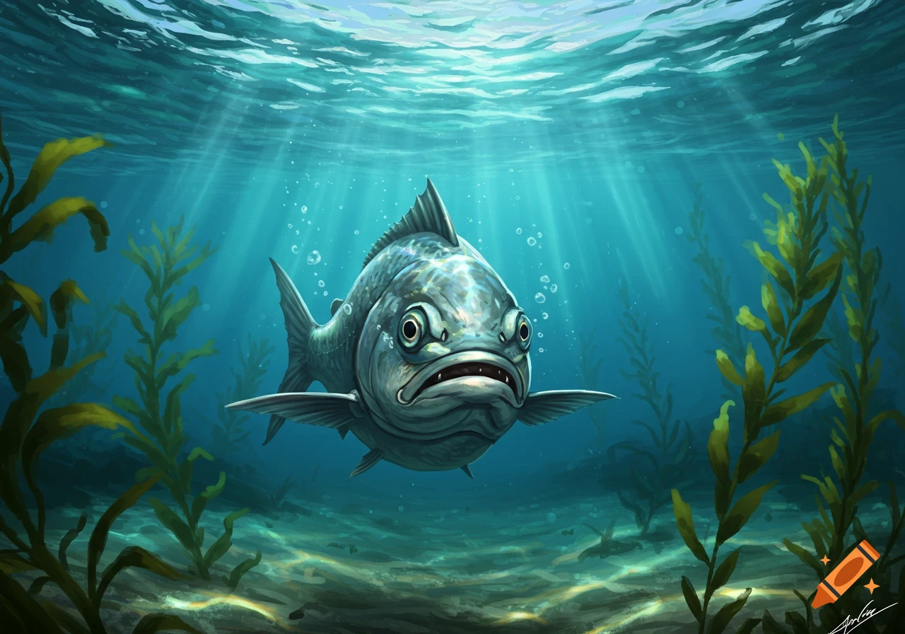 An angry-looking cartoon fish with large eyes swims underwater amongst ...