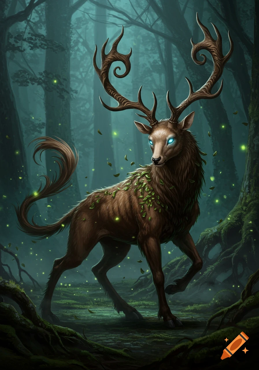 A muscular blue deer-like creature with antlers rears up in a lush ...