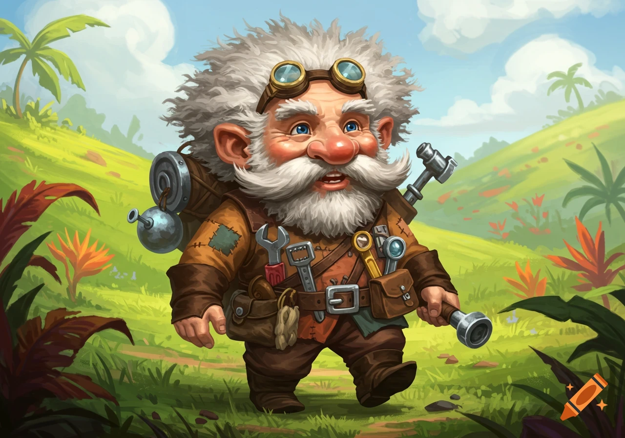 A jovial, white-haired gnome artificer with a big mustache and goggles ...