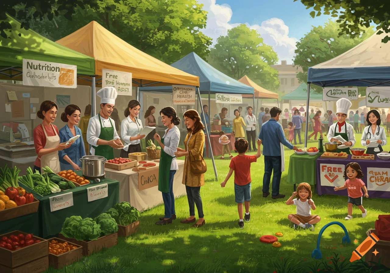 An outdoor health fair with people browsing food stalls, a chef giving ...