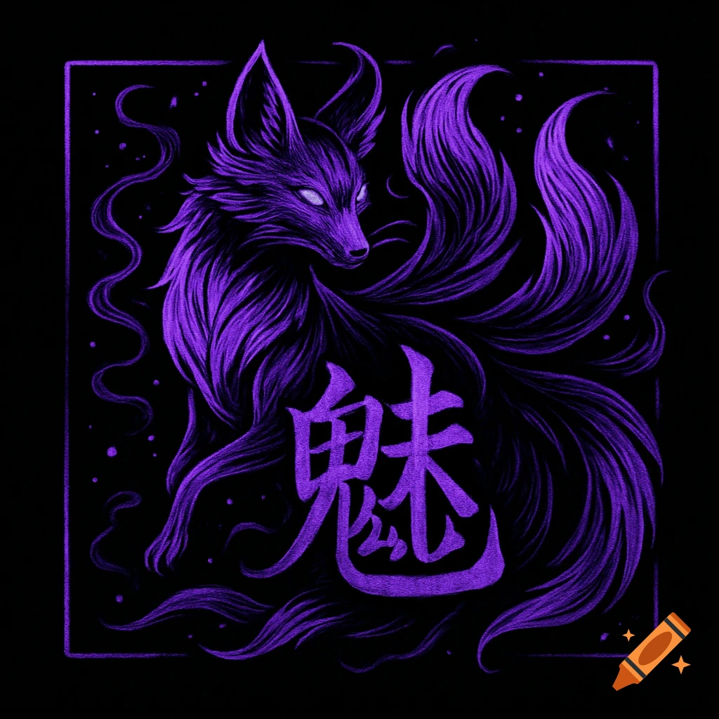 A stylized purple nine-tailed fox with glowing eyes and a Chinese ...