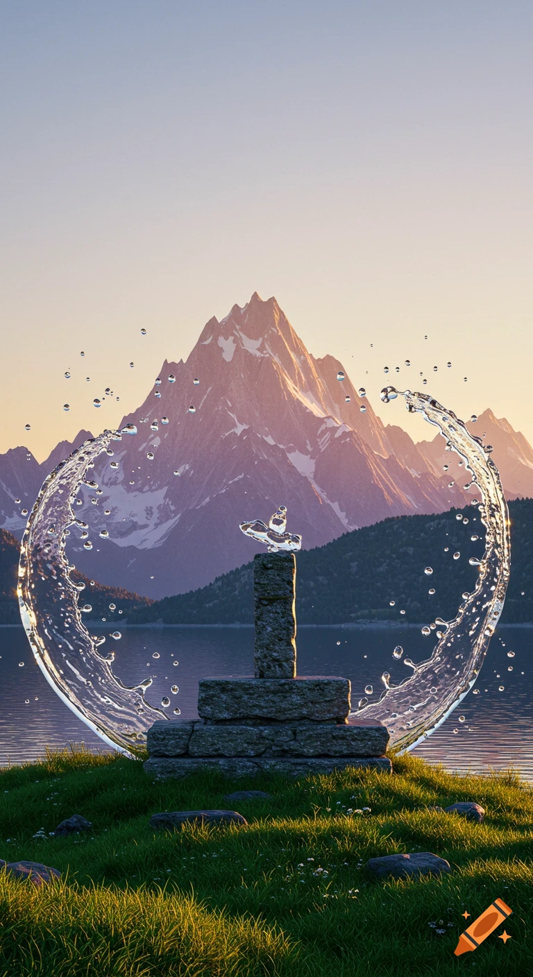 Dramatic sunset over a mountainous landscape with a small waterfall and ...