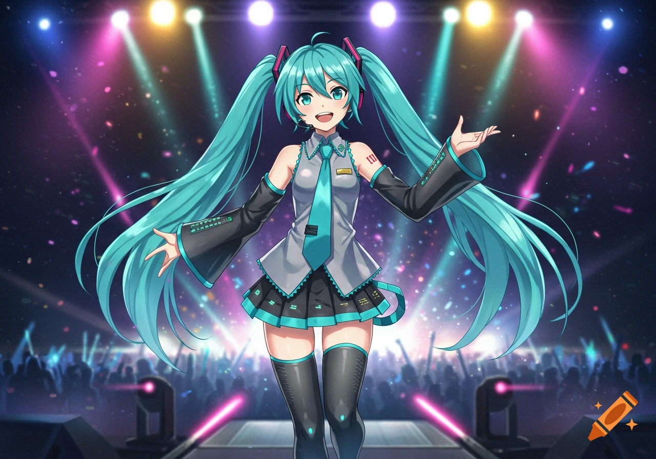 A vibrant anime character with long turquoise pigtails and blue eyes ...