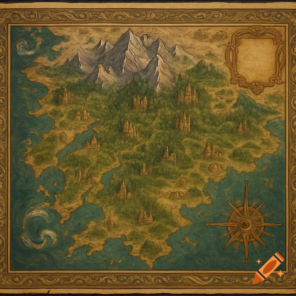 Detailed fantasy world map featuring snow-capped mountains, dense ...