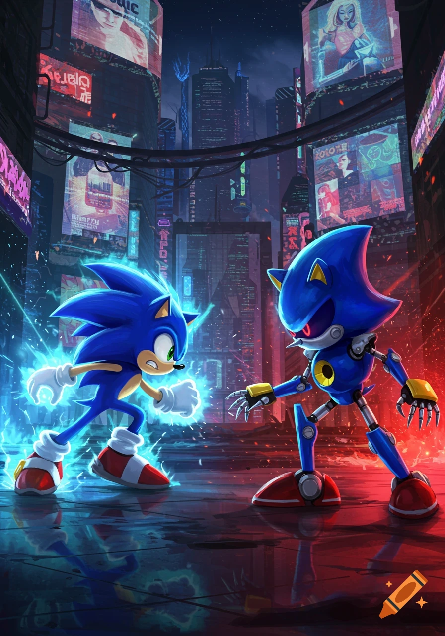 Sonic the Hedgehog and Metal Sonic face off in a neon-lit cyberpunk ...
