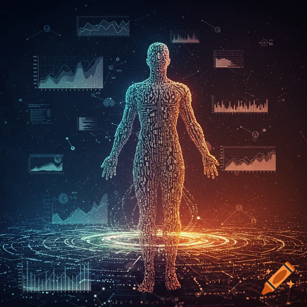 A glowing, circuit-patterned humanoid figure of clouds stands above a ...