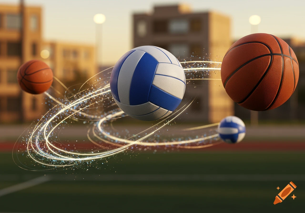 A volleyball and two basketballs float above a sports field, encircled ...
