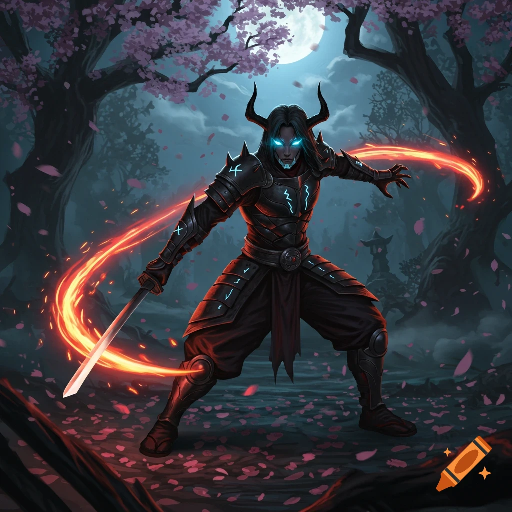 Naruto and Tanjiro face off with swords under a fiery red moon and an ...