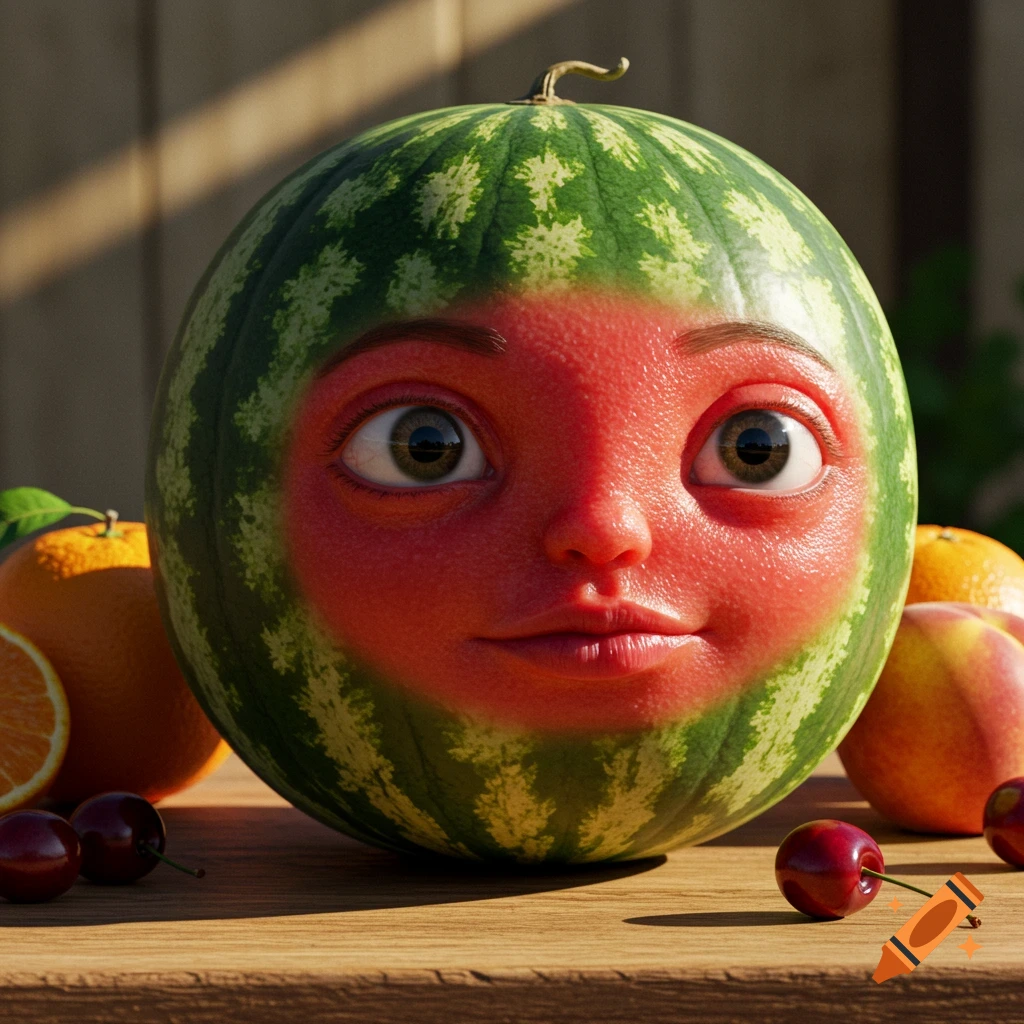 A whimsical watermelon with realistic human eyes and mouth, surrounded ...