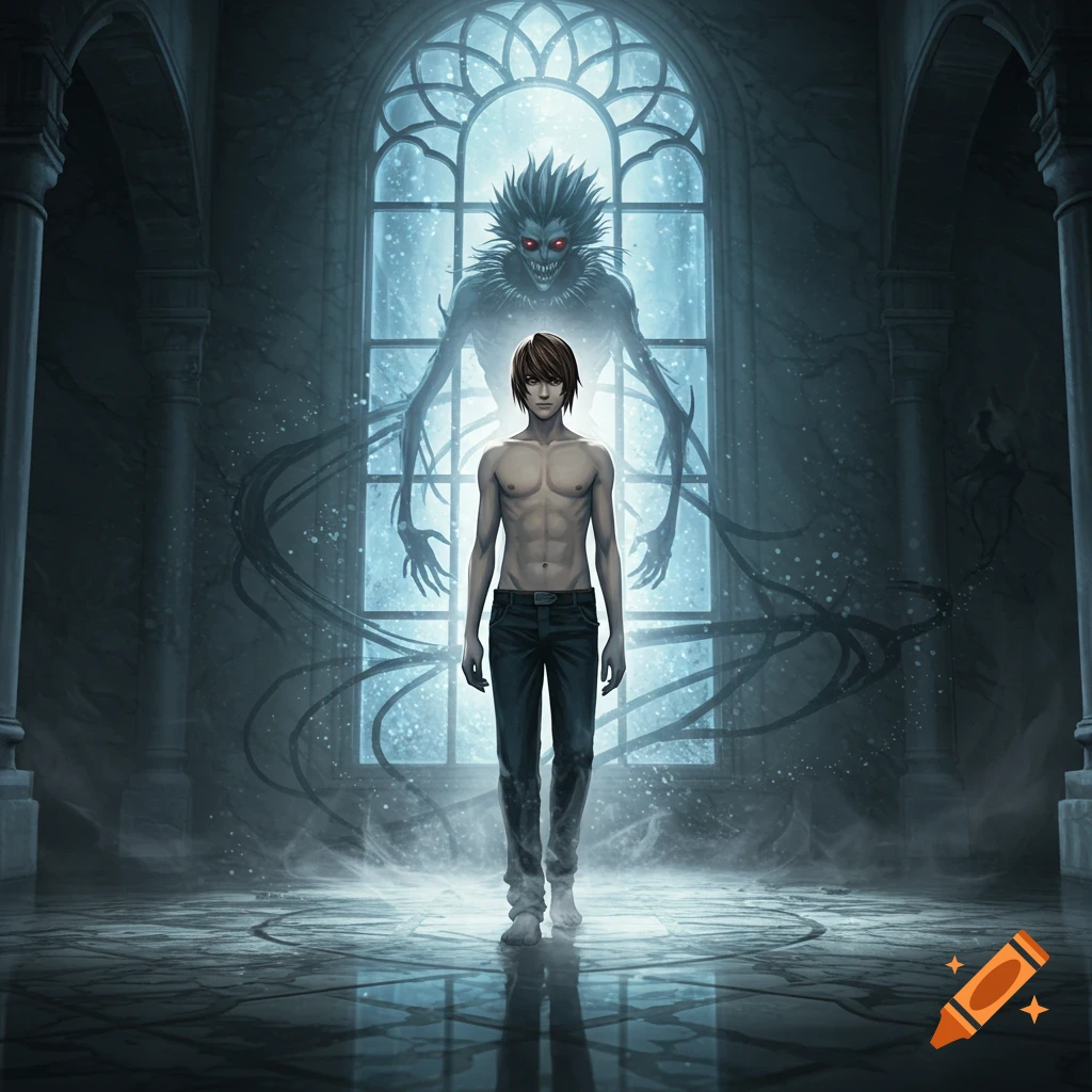 Shirtless Light Yagami stands in a gothic room, with Ryuk the Shinigami ...