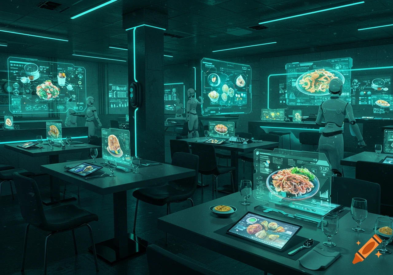 A futuristic, teal-lit restaurant with humanoid robots, holographic menus displaying food, and ...