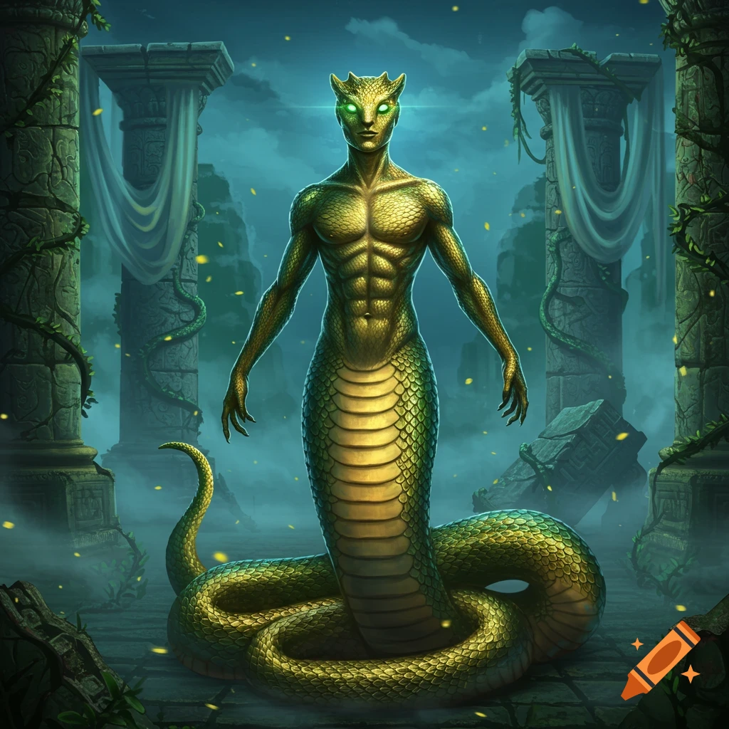 A golden-scaled human-snake creature with glowing green eyes stands in ...