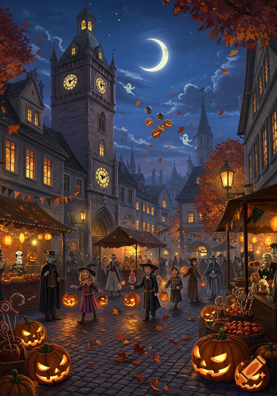 A vibrant Halloween night market scene with a tall clock tower, glowing ...