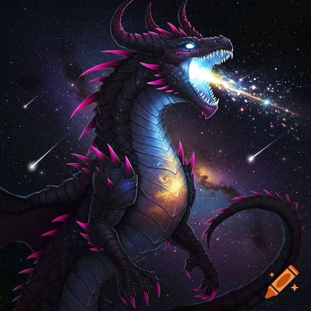A dark dragon with glowing pink spikes and blue-purple scales breathes ...