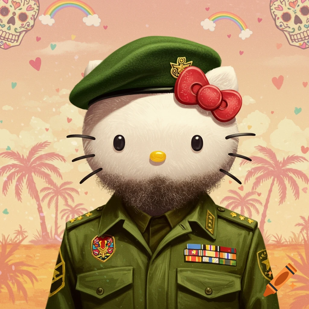 Hello Kitty wearing a green military uniform, beret, and beard, set ...