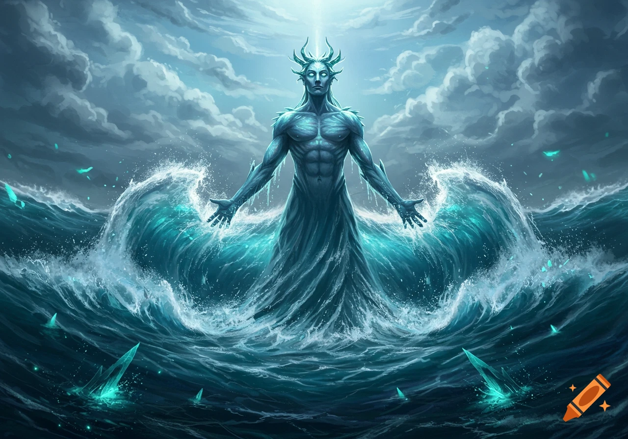 A powerful water god with glowing eyes and crown of horns rises from ...