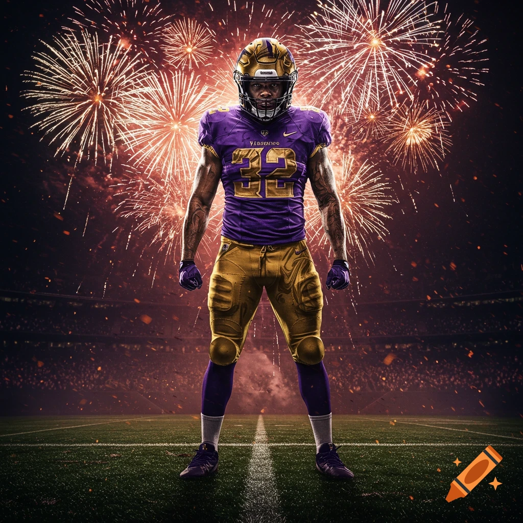 A muscular American football player in a purple and gold uniform and ...