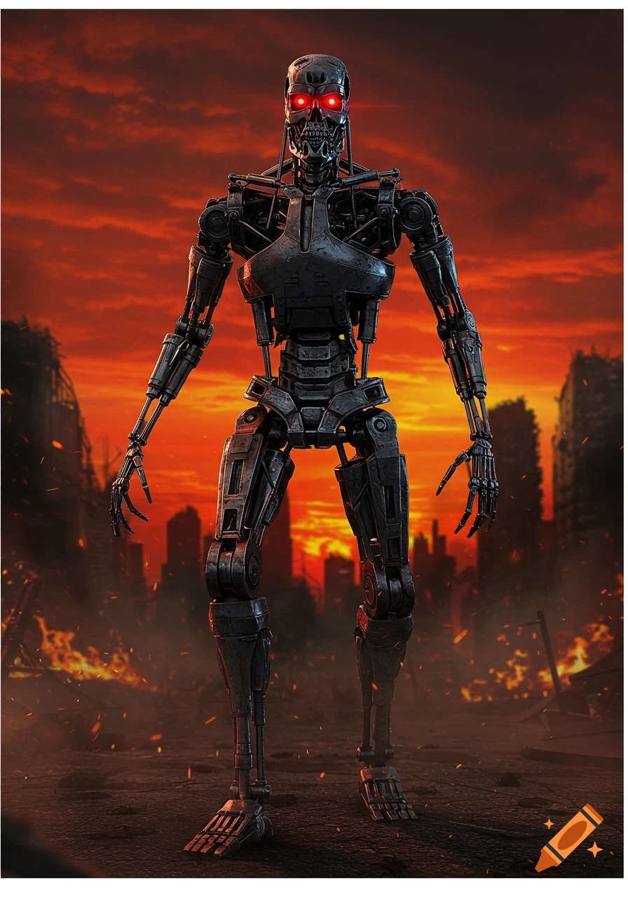 A photorealistic Terminator endoskeleton robot with glowing red eyes ...