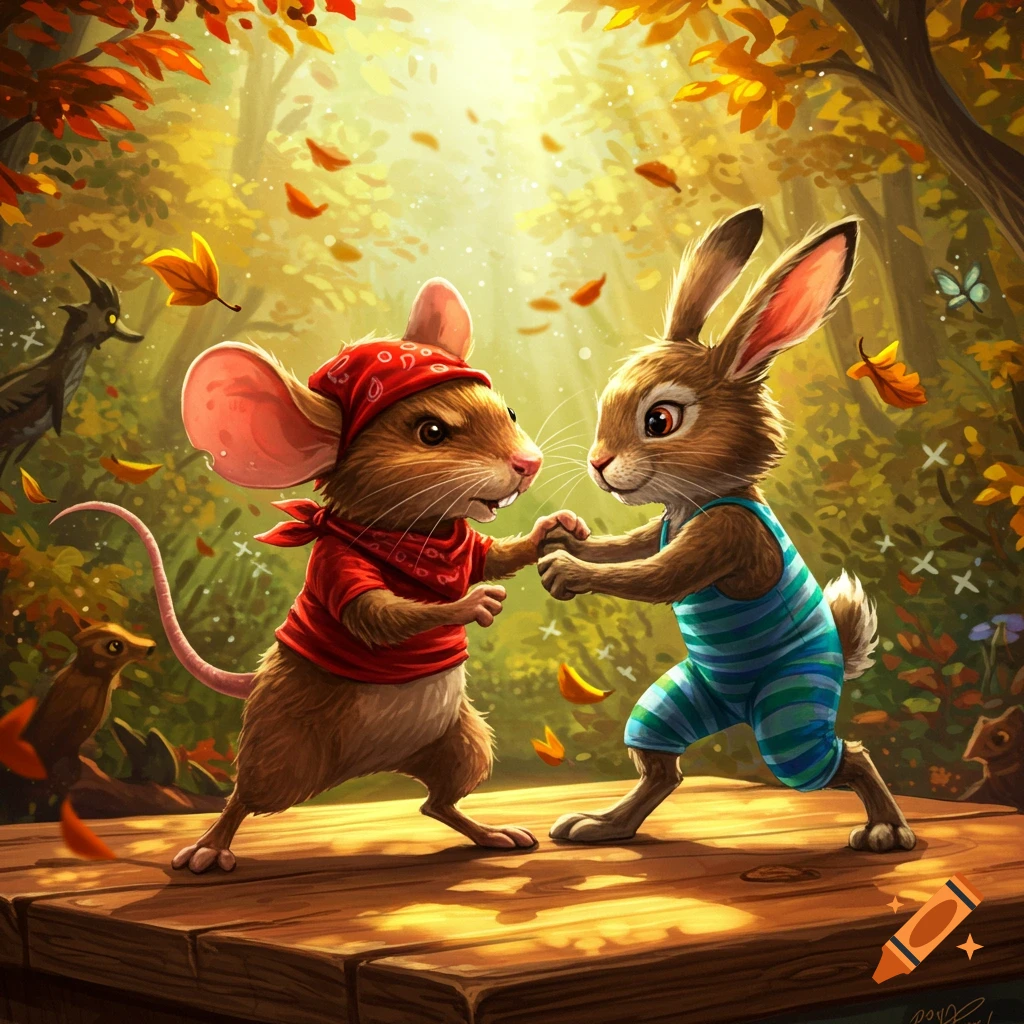 Rabbit and sparrow in a forest on Craiyon