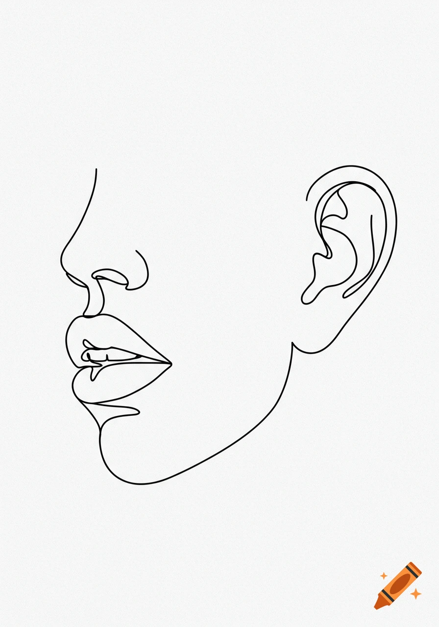 Line art drawing of a human face in profile, showing a nose, lips, and ...